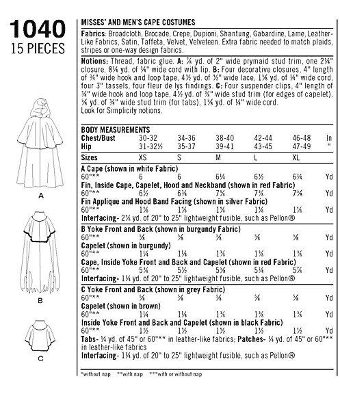 Budget Patterns. B65 SIMPLICITY 1040: MEN'S CAPE COSTUME SIZE XS-XL