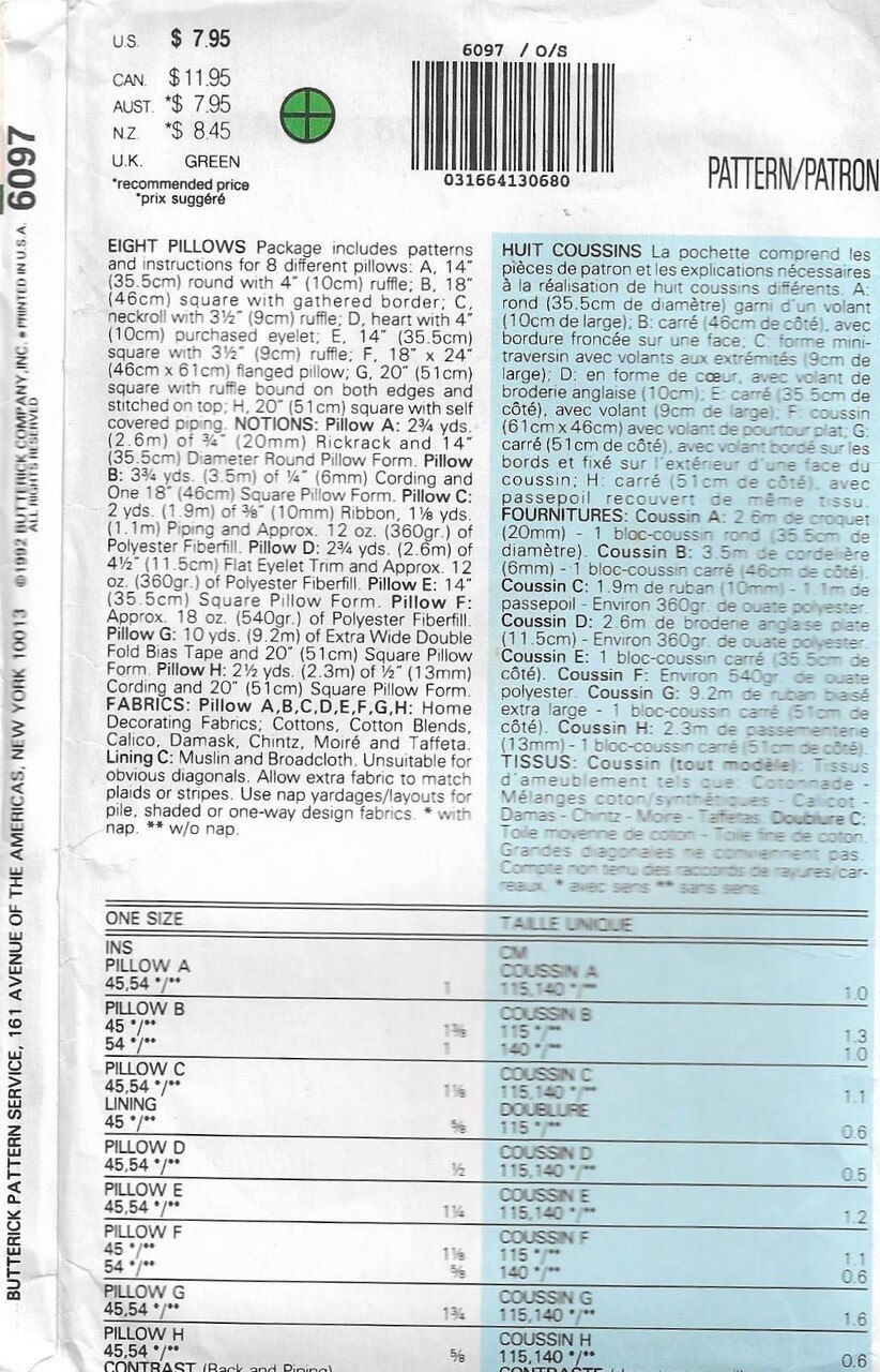 Budget Patterns. C53 BUTTERICK 6097: 8 DIFFERENT PILLOWS