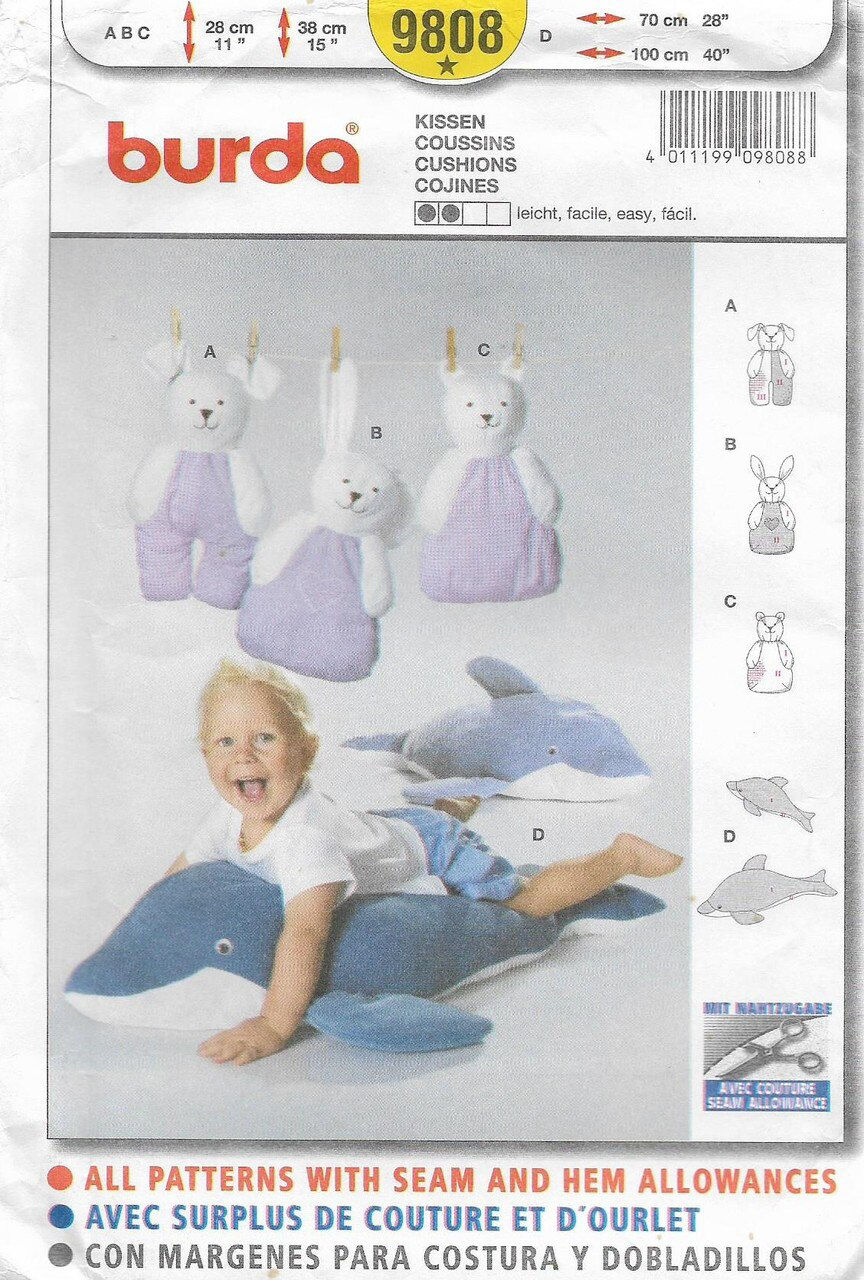 Budget Patterns. 81 BURDA 9808: CHILD'S CUSHIONS DOLPHIN-BUNNY & BEAR