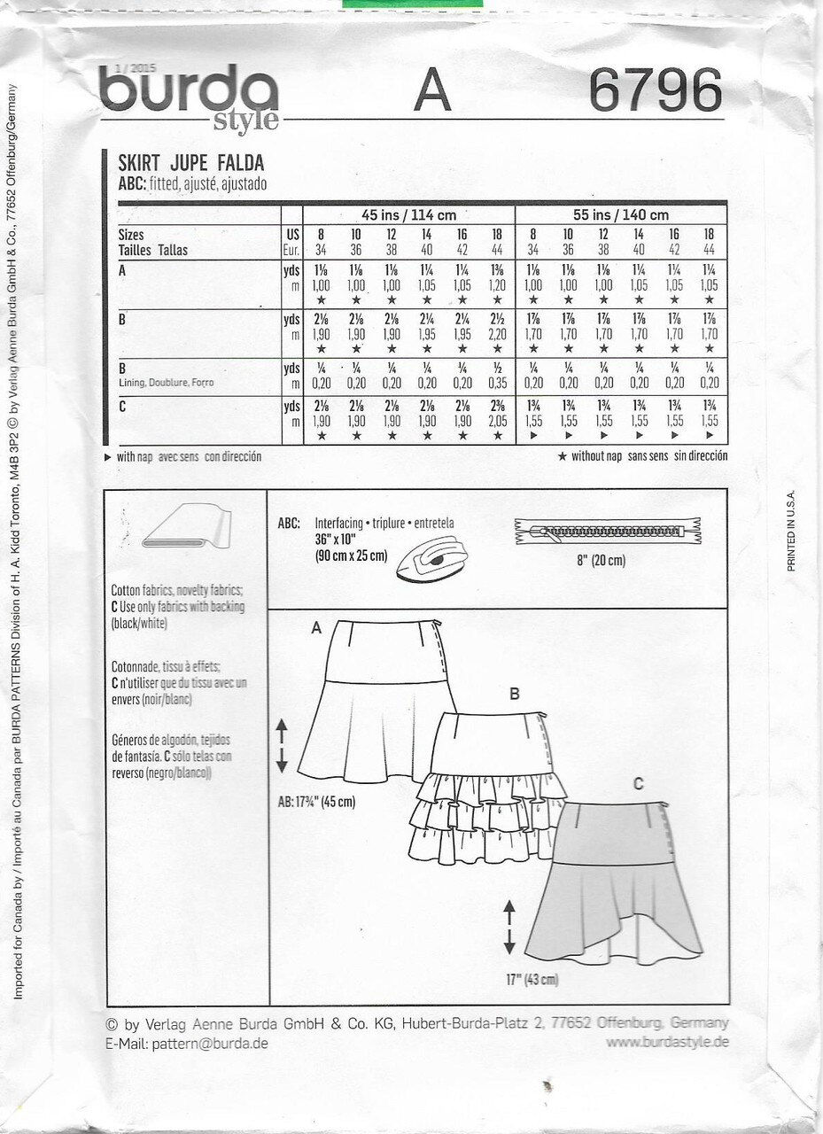 Budget Patterns. B165 BURDA 6796: SKIRT'S SIZE 8-18
