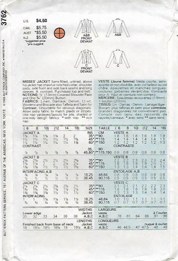 Budget Patterns. A34 BUTTERICK 3762: VINTAGE (1985) JACKET SIZE 12-16