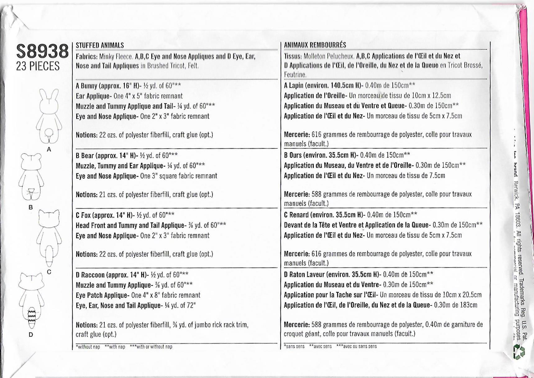 Budget Patterns. 9 SIMPLICITY S8938: STUFFED ANIMALS