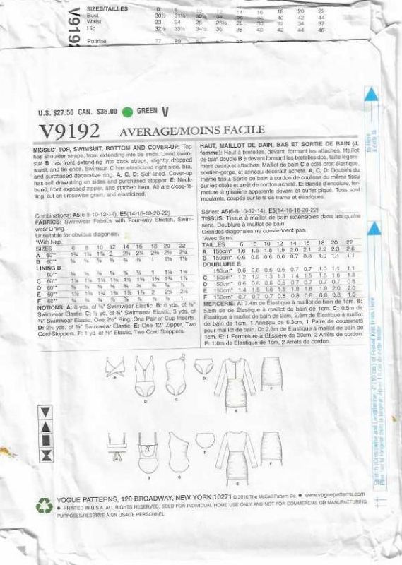 Budget Patterns. A61 VOGUE V9192: SWIM WEAR SIZE 14-22