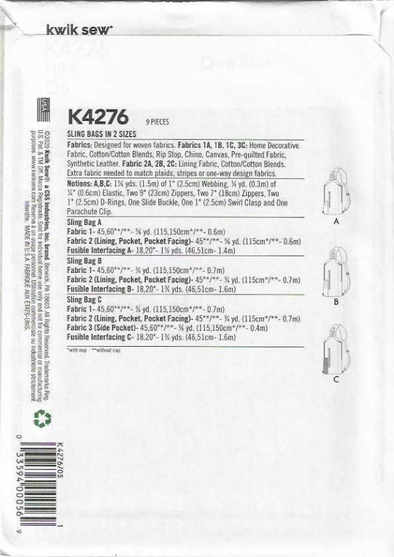 Budget Patterns. B218 KWIK*SEW K4276: SLING BAGS IN 2 SIZES