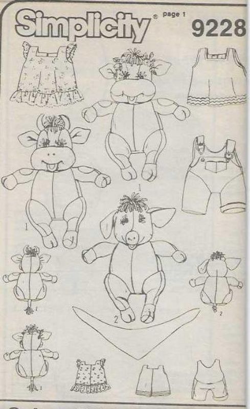 Budget Patterns. A41 SIMPLICITY 9228: STUFFED COW & PIG WITH CLOTHES