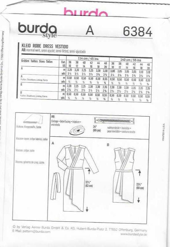 Budget Patterns. B56 BURDA 6384:DRESS SIZE 10-20