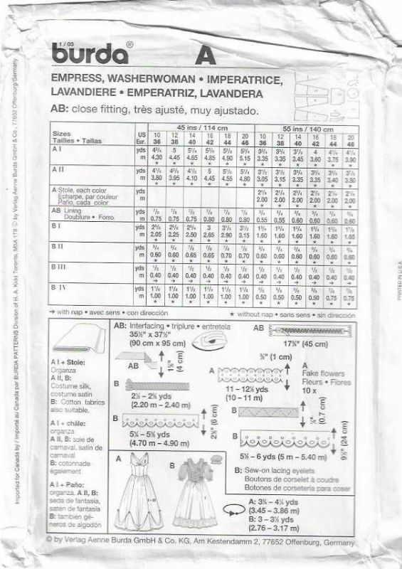 Budget Patterns. 17 BURDA 2479: COSTUME (DRESS) SIZE 10-20