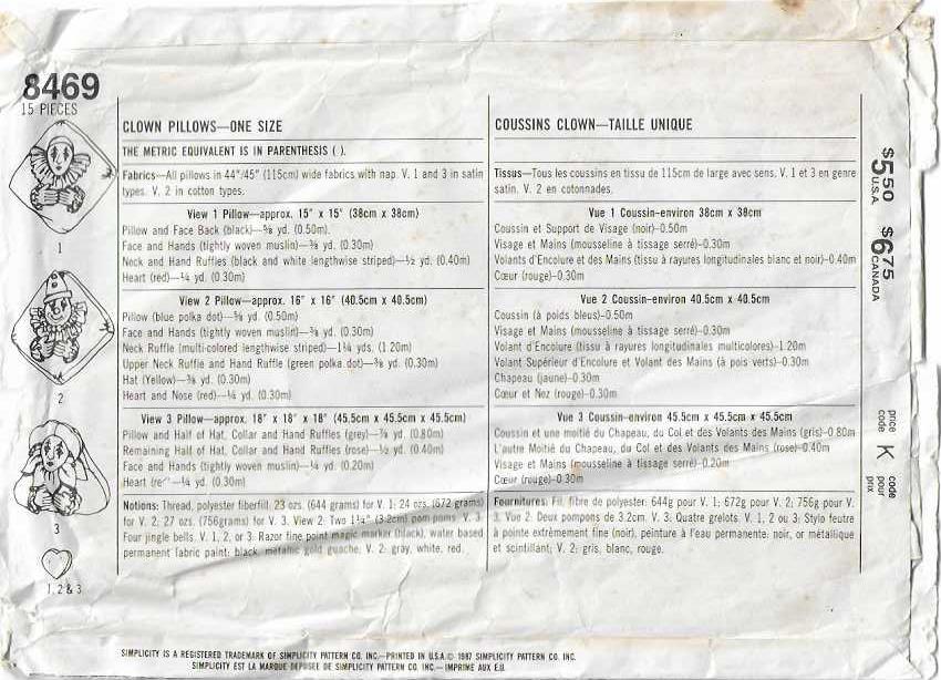 Budget Patterns. A75 SIMPLICITY 8469: CLOWN PILLOWS ONE SIZE