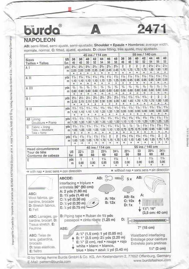 Budget Patterns. B83 BURDA 2471: MEN'S COSTUME SIZE 36-48 CHEST