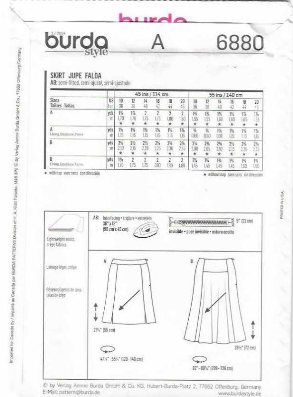 Budget Patterns. B136 BURDA 6880: SKIRT SIZE 10-20